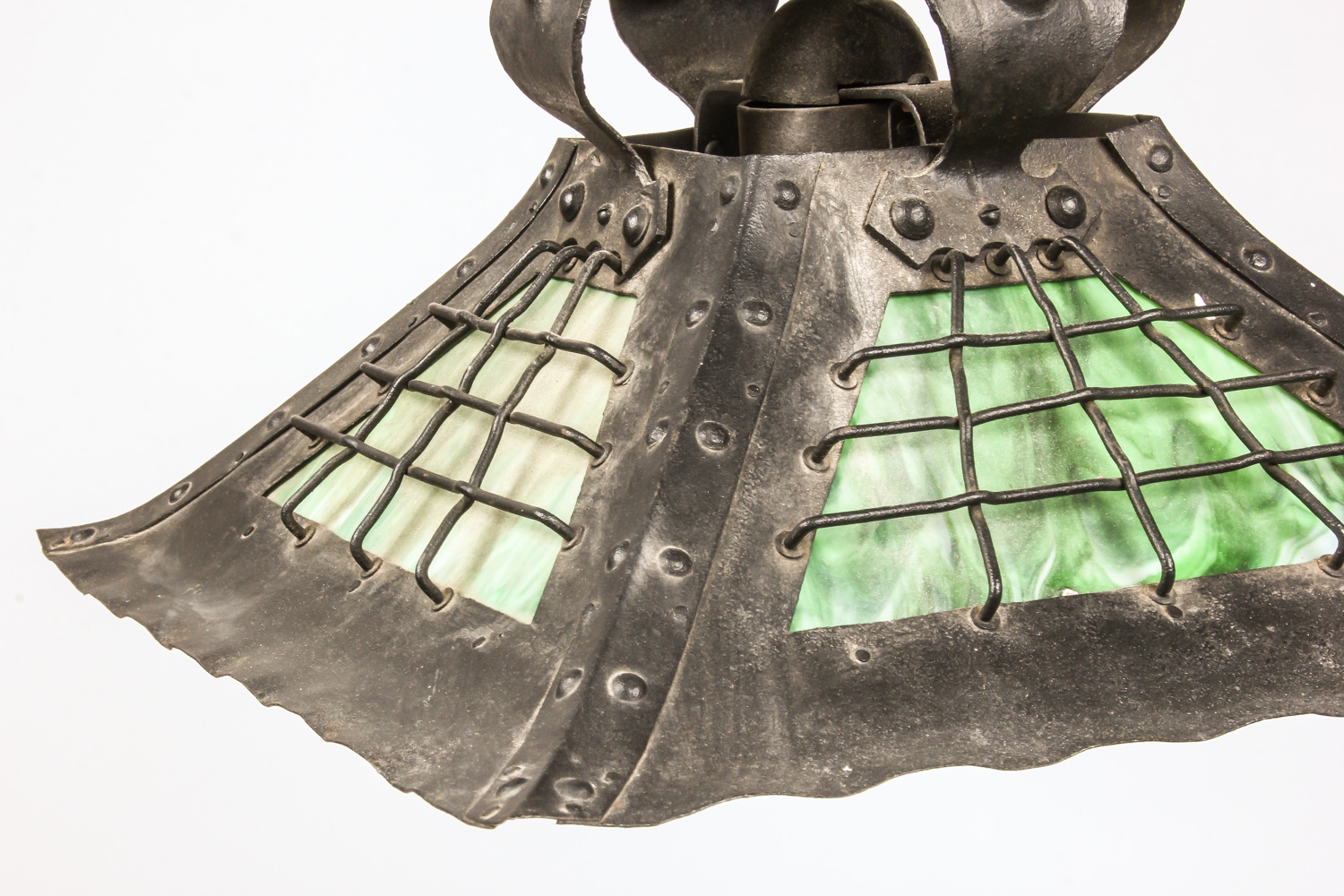 Arts and Crafts Wrought Iron Slag Glass Pendant Fixture. Size: 31" x 21 ...