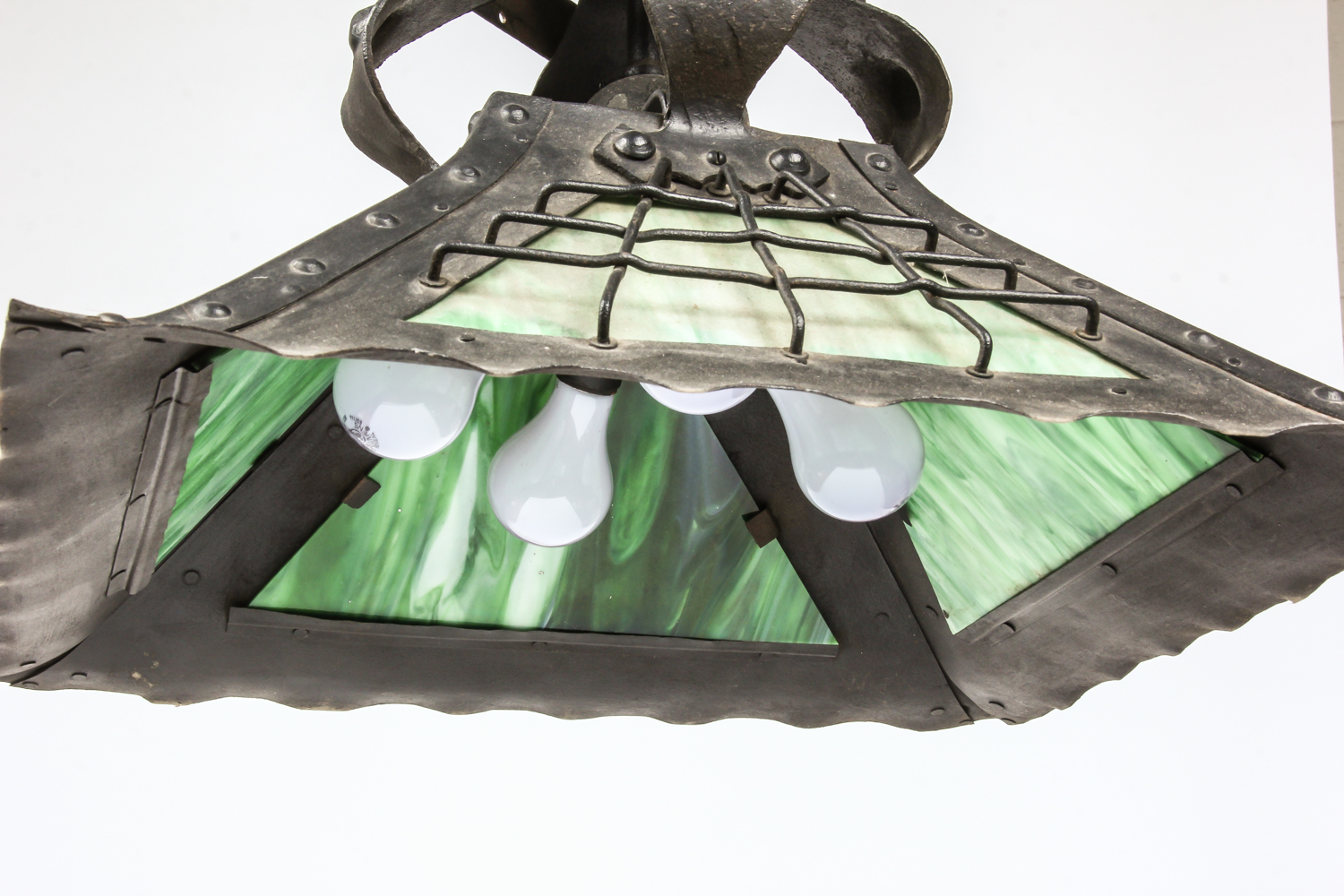 Arts and Crafts Wrought Iron Slag Glass Pendant Fixture. Size: 31" x 21 ...