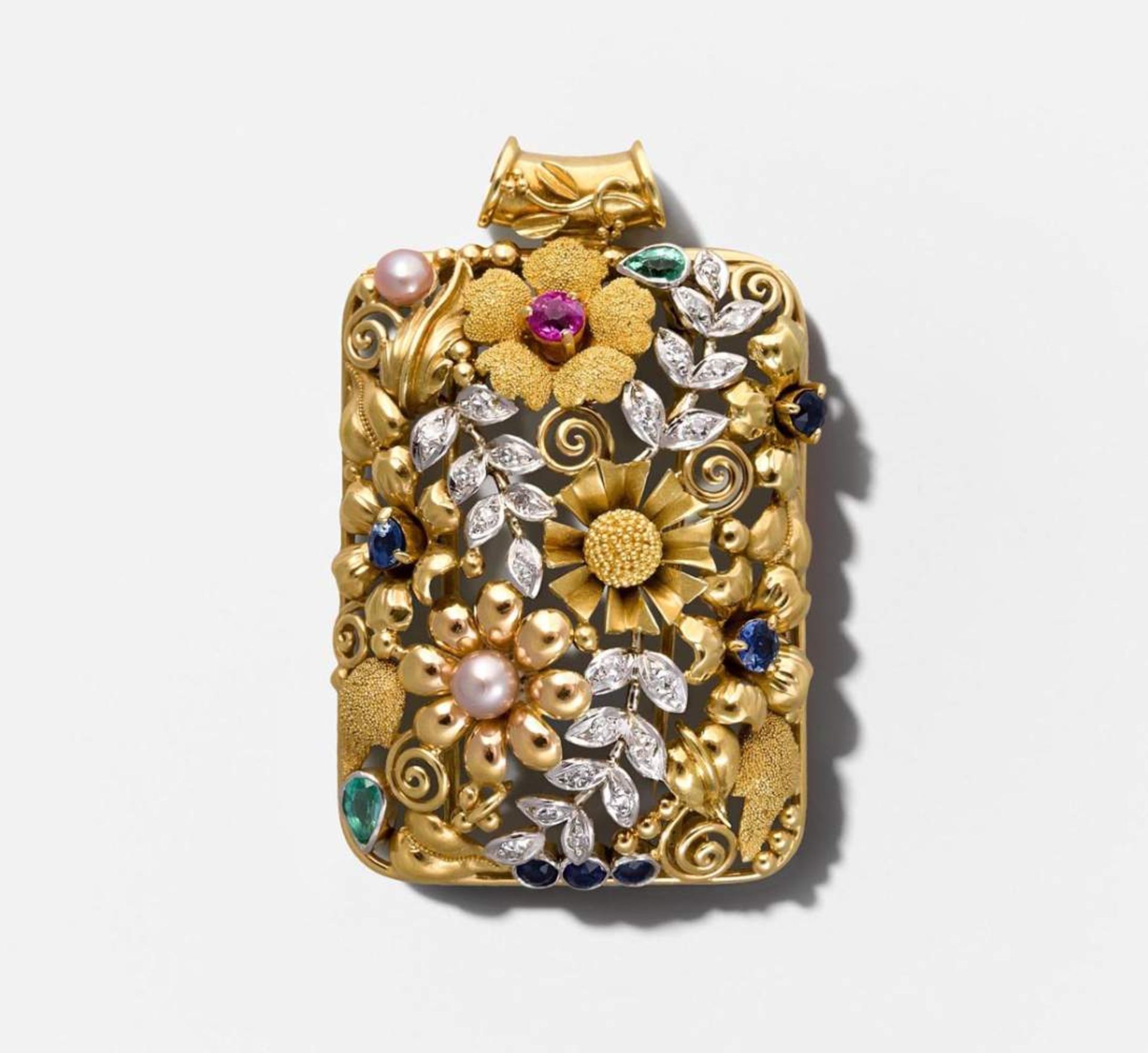 Diamant-Perlen-Farbstein-Anhänger/Brosche1940er Jahre. 750 Gelbgold/950 ...