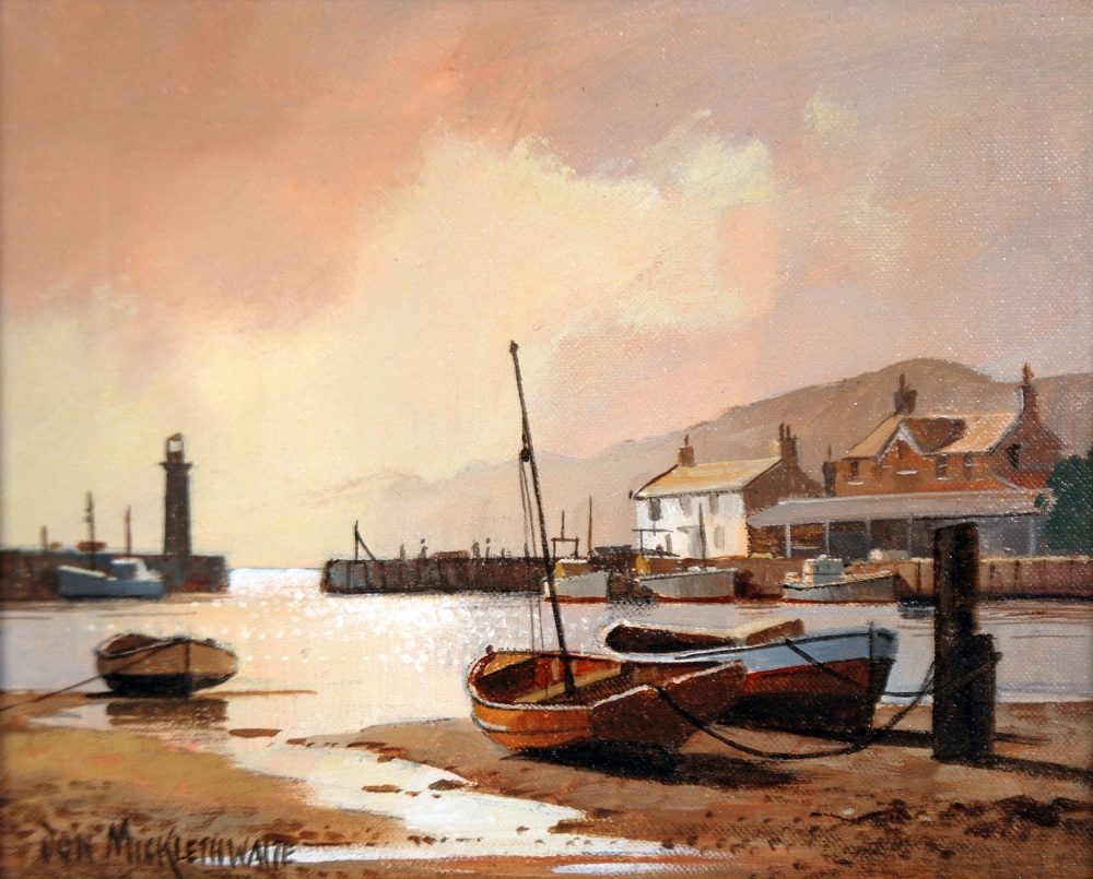 DON MICKLETHWAITE (b. 1936) OIL PAINTING ON CANVAS Harbour scene signed ...