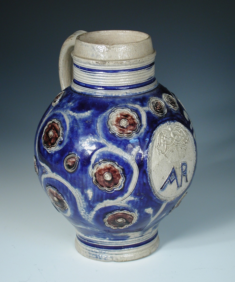 An early 18th century Westerwald jug monogrammed AR for Queen Anne, the ...