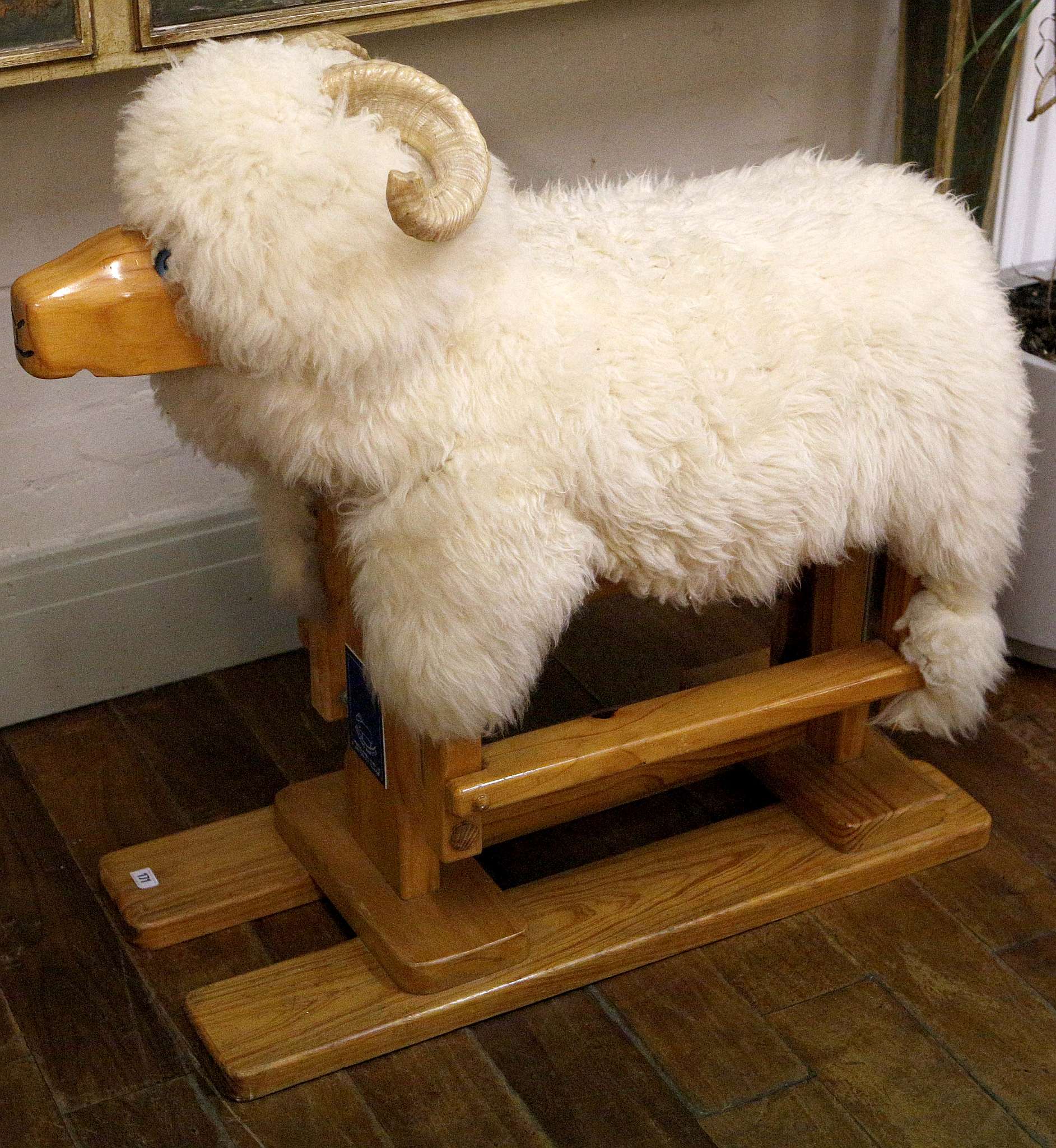Rocking ram / sheep, set on pine stand, horns and sheepskin seat, made ...