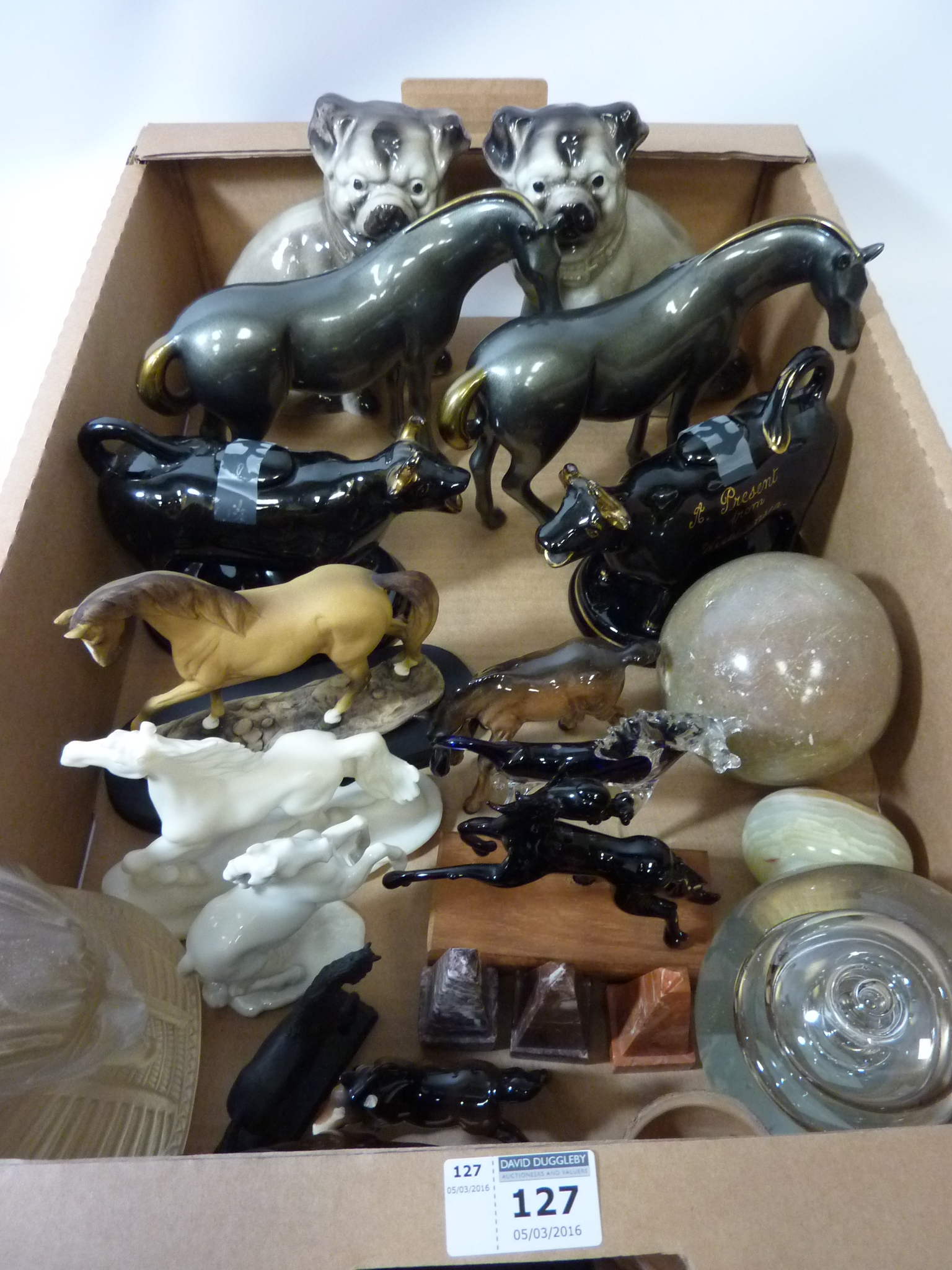 Pair of 'Jackfield' type cow creamers, pair pug fireside dog ornaments ...