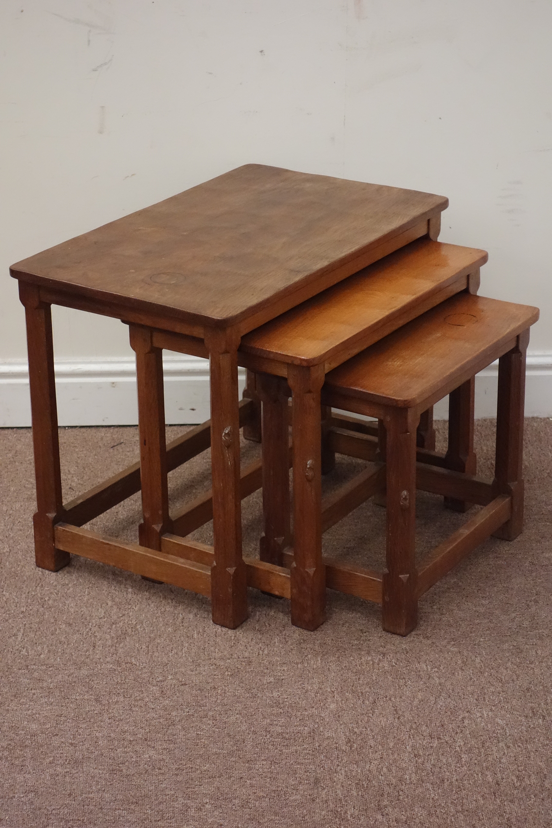 Yorkshire oak - 'Mouseman' nest of three adzed top tables, by Robert ...