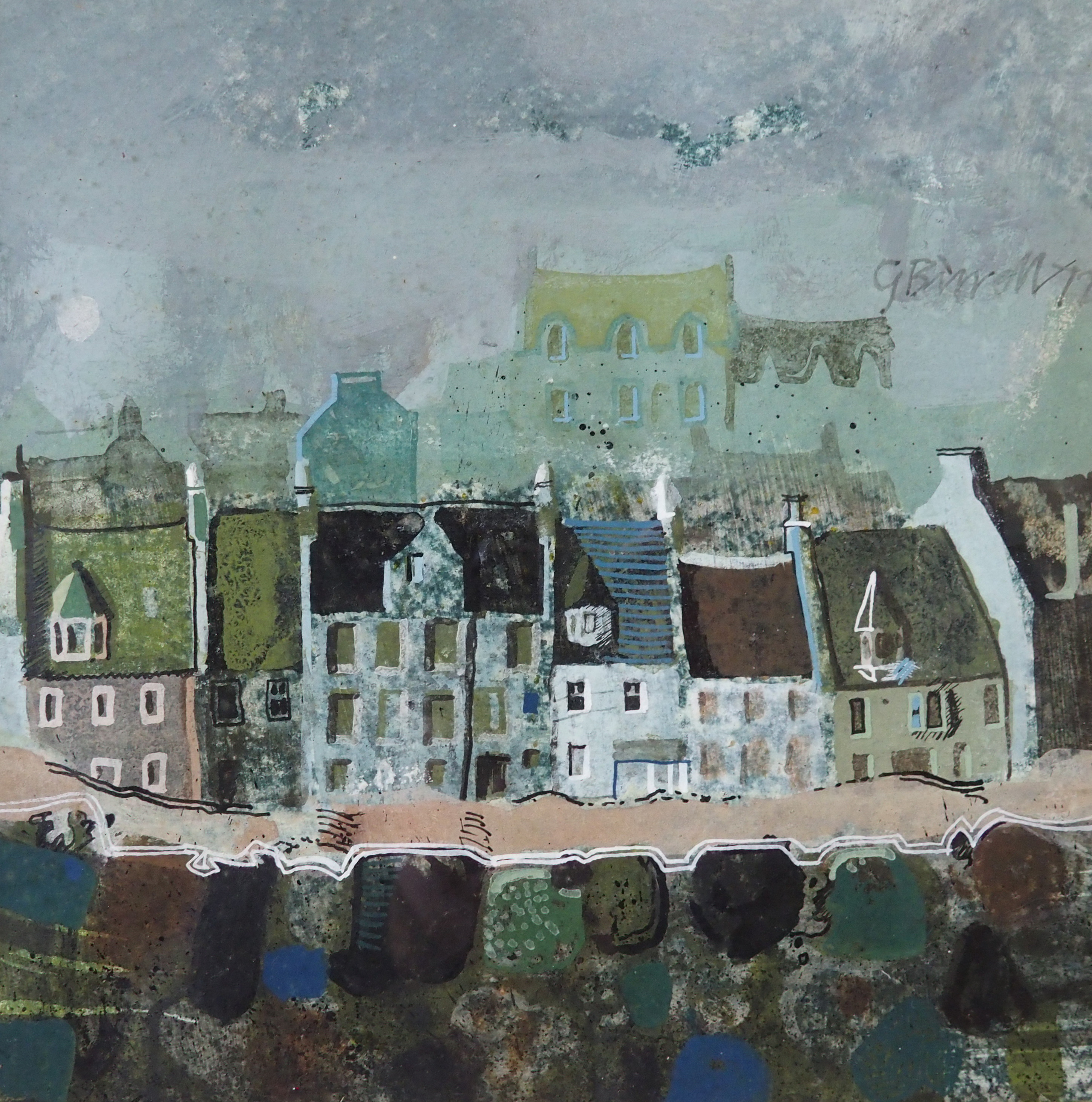 •GEORGE BIRRELL (Scottish b. 1950) FISHING VILLAGE Gouache, signed and ...