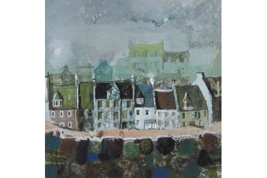 •GEORGE BIRRELL (Scottish b. 1950) FISHING VILLAGE Gouache, signed and ...