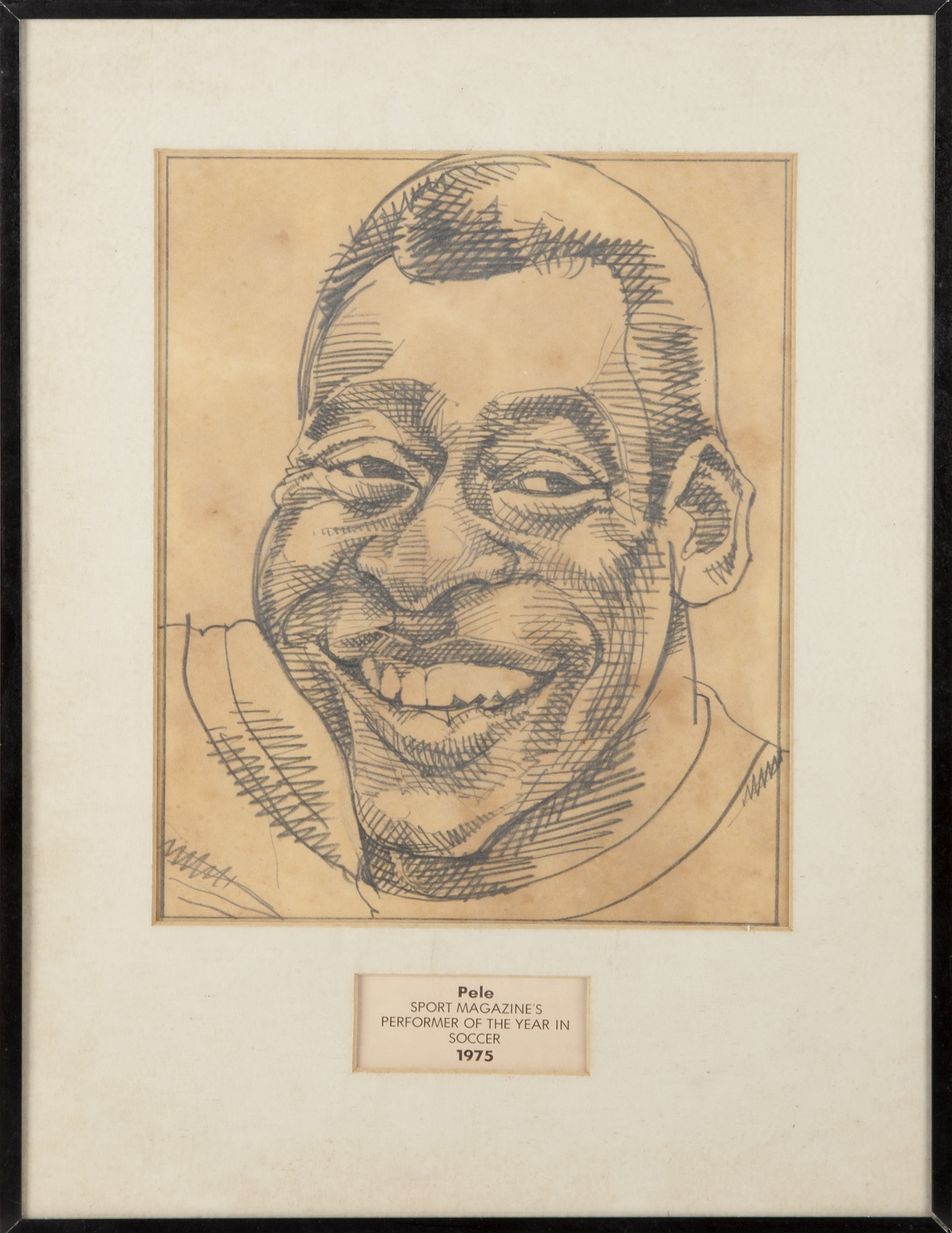 A framed 1975 drawing of Pelé in honor of his being named Sport ...