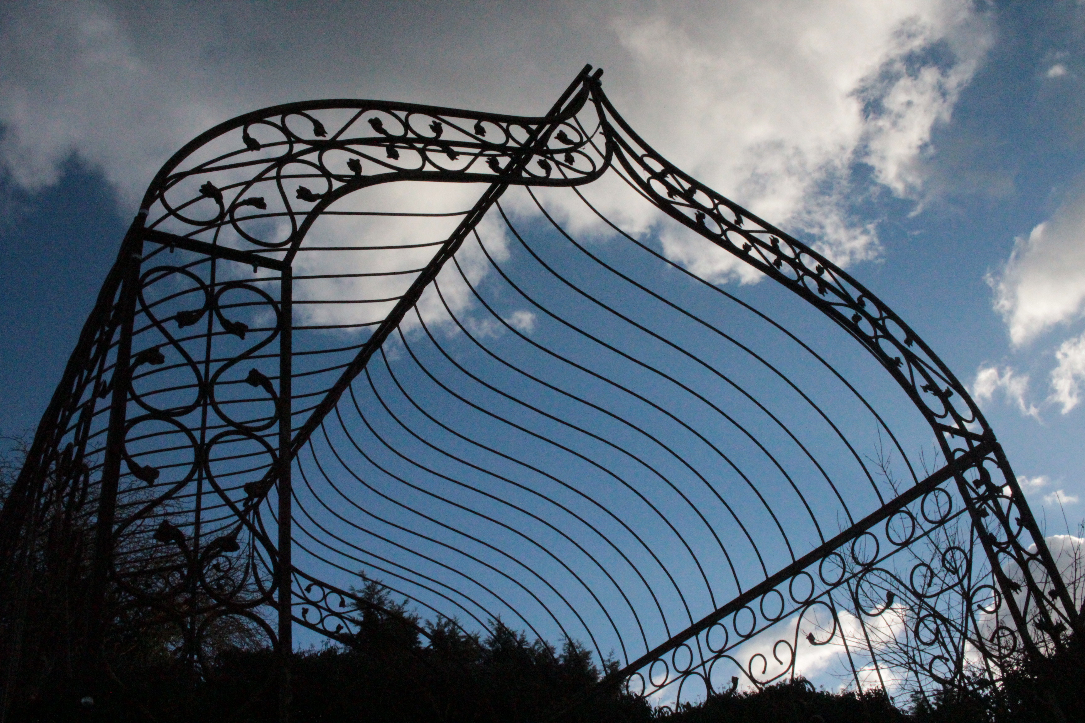 A WROUGHT IRON ROSE ARCH with scroll decoration to the end and side ...