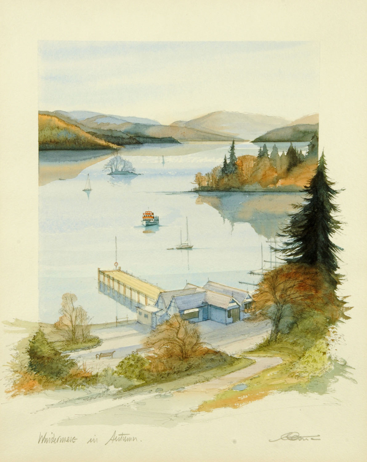 Geoffrey Cowton, watercolour, "Windermere in Autumn". 38 cm x 31 cm ...