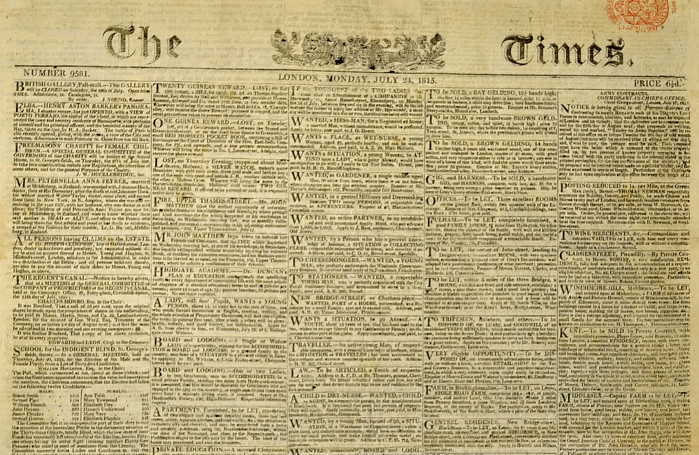 The Times Newspaper 1815 dated 24 July with contents relating to post ...