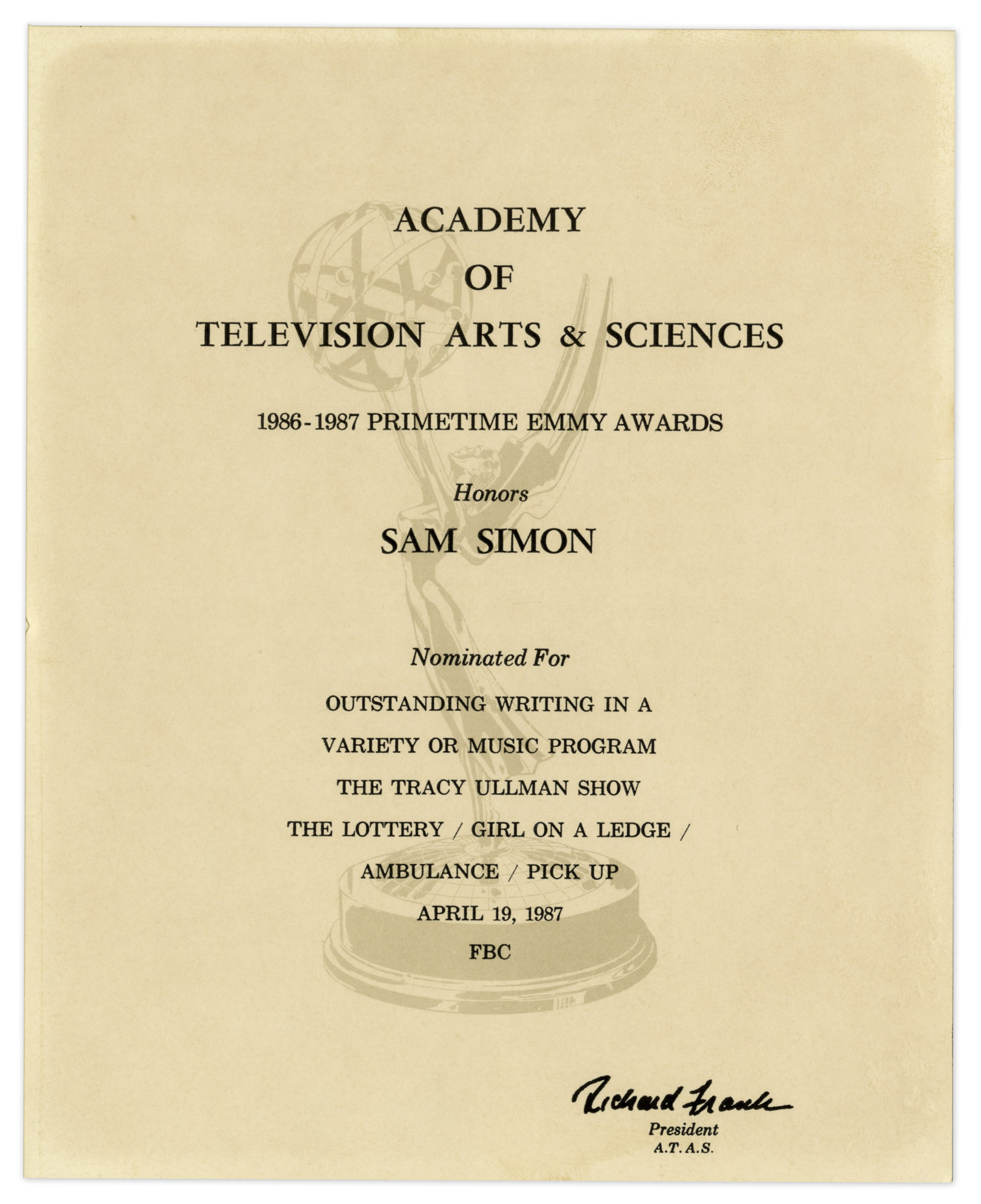 Primetime Emmy nomination certificate. Award nomination reads in full ...