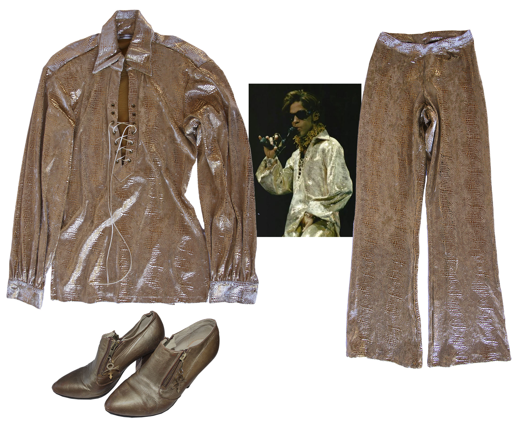 Three piece outfit stage-worn by Prince. Outfit consists of shirt ...