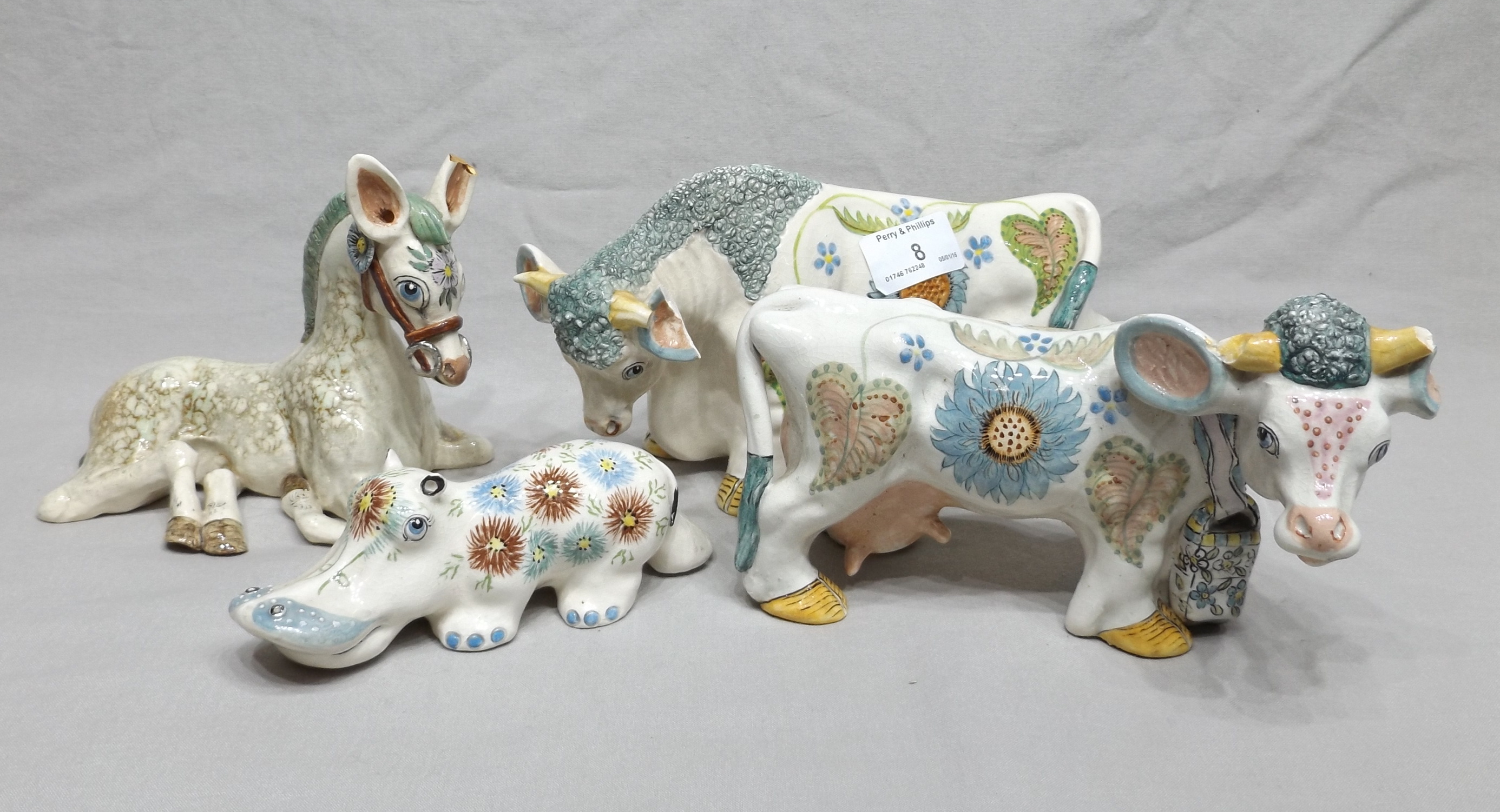 Four Basil Mathews Pottery Figures; Cow, Bull, Pony, Hippo, all signed (AF)
