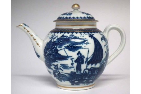 Two Caughley teapot circa 1780, printed with Pleasure boat pattern, (2 ...