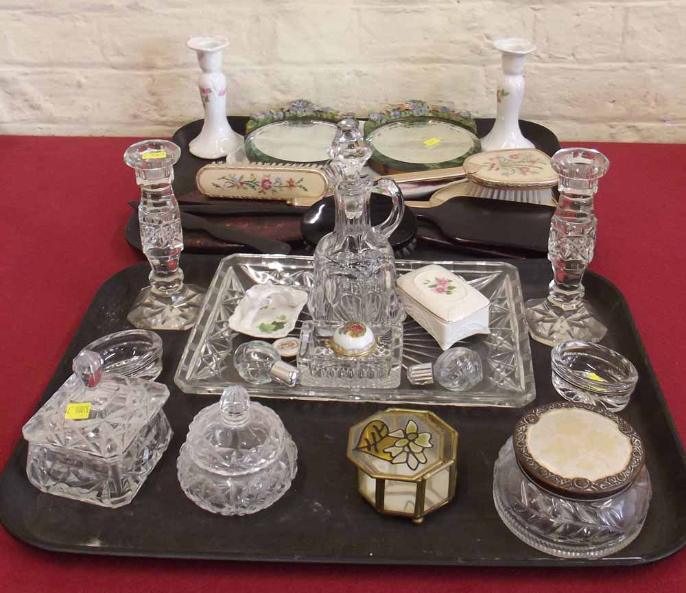 Cut glass dressing table set, pair of small mirrors with floral ...