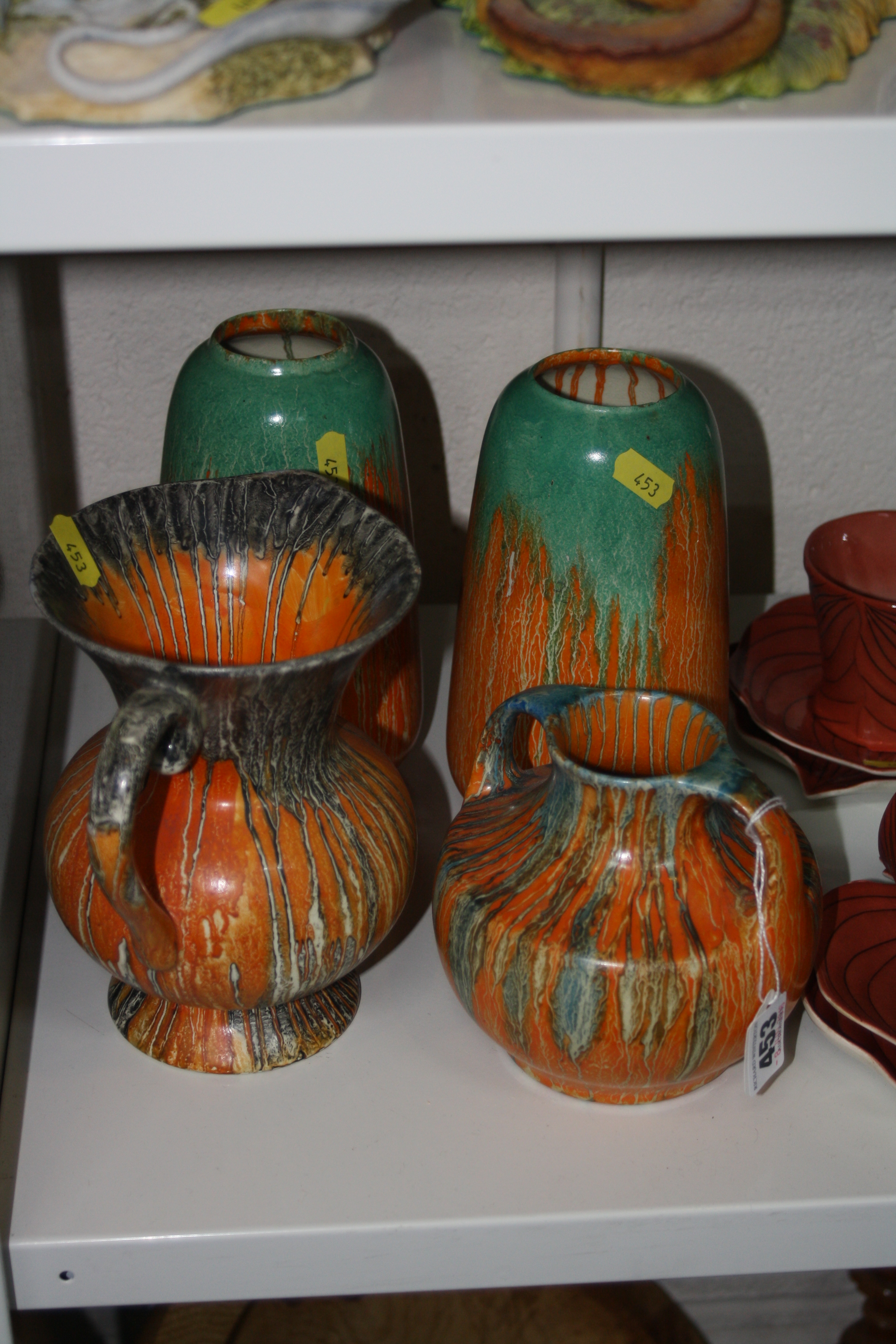 A WADE 'ORCADIA' WARE TWIN HANDLED VASE, a pair of 'Roskyl' vases and a ...