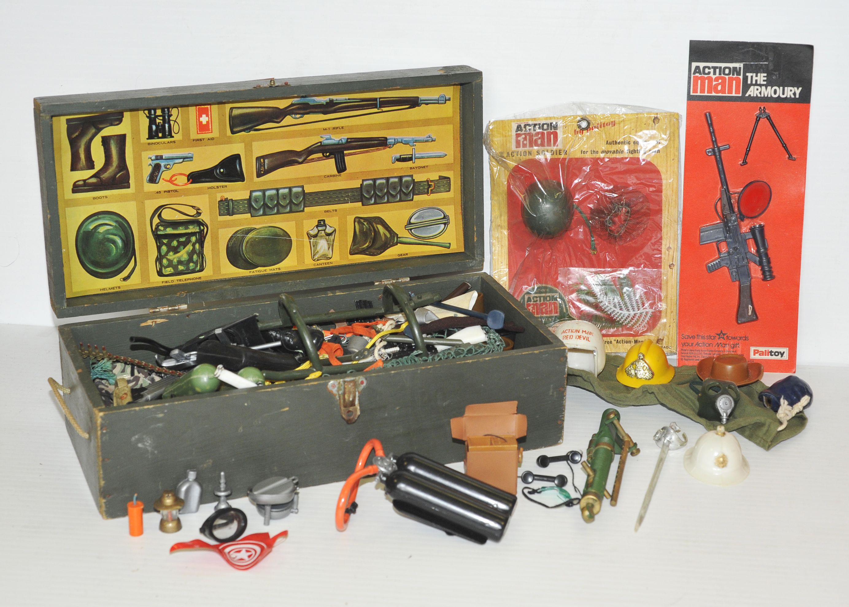 Large quantity of Action Man Accessories, wooden action man kit box ...