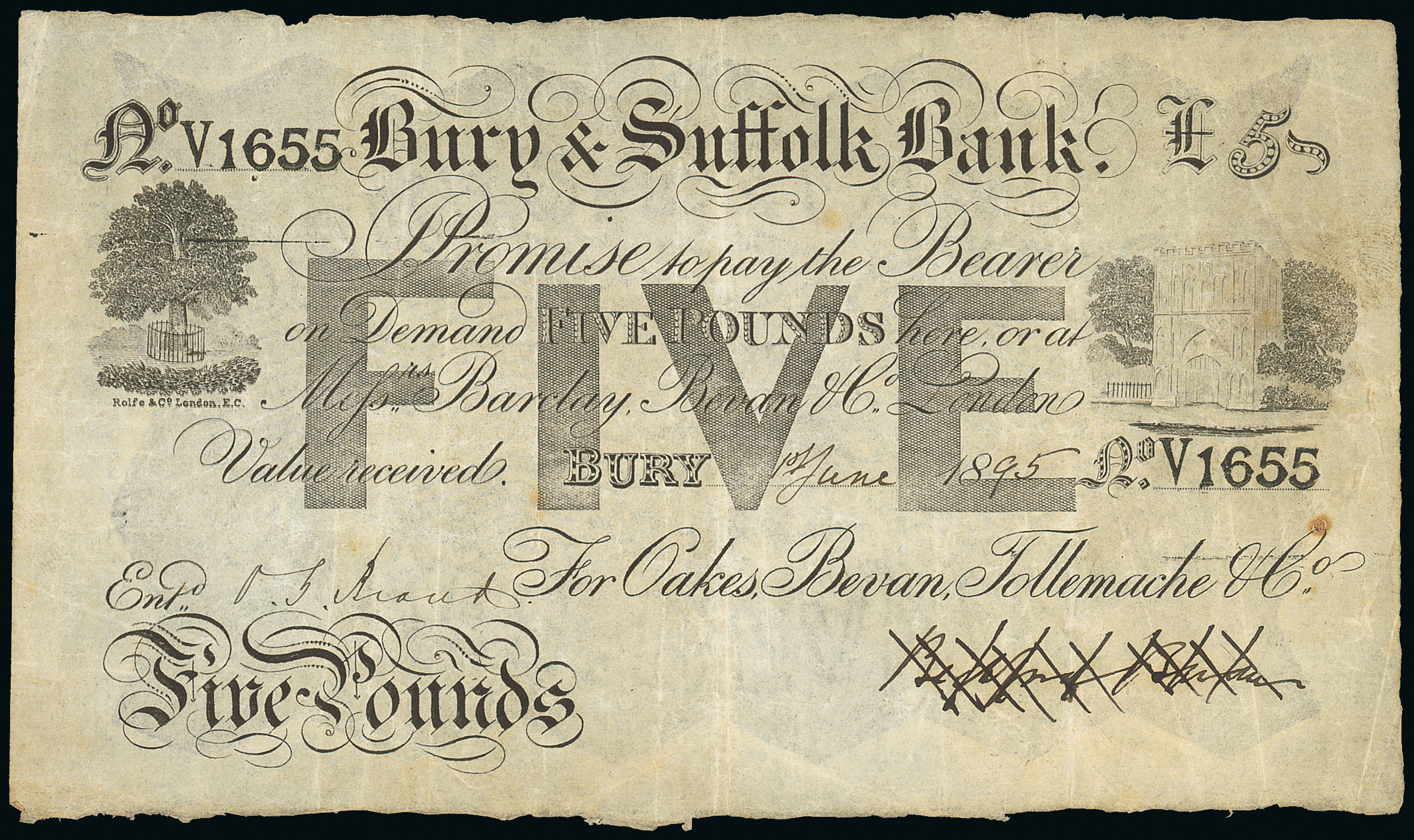 BANKNOTES, BRITISH NOTES, Bury & Suffolk Bank, five pounds, 1 June 1895 ...