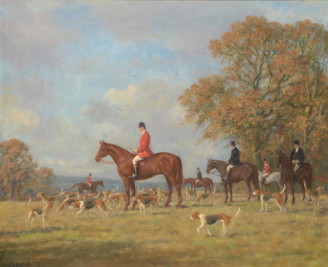 Walter Goodin (1907-1992) A hunt waiting outside a wood, signed, oil on ...