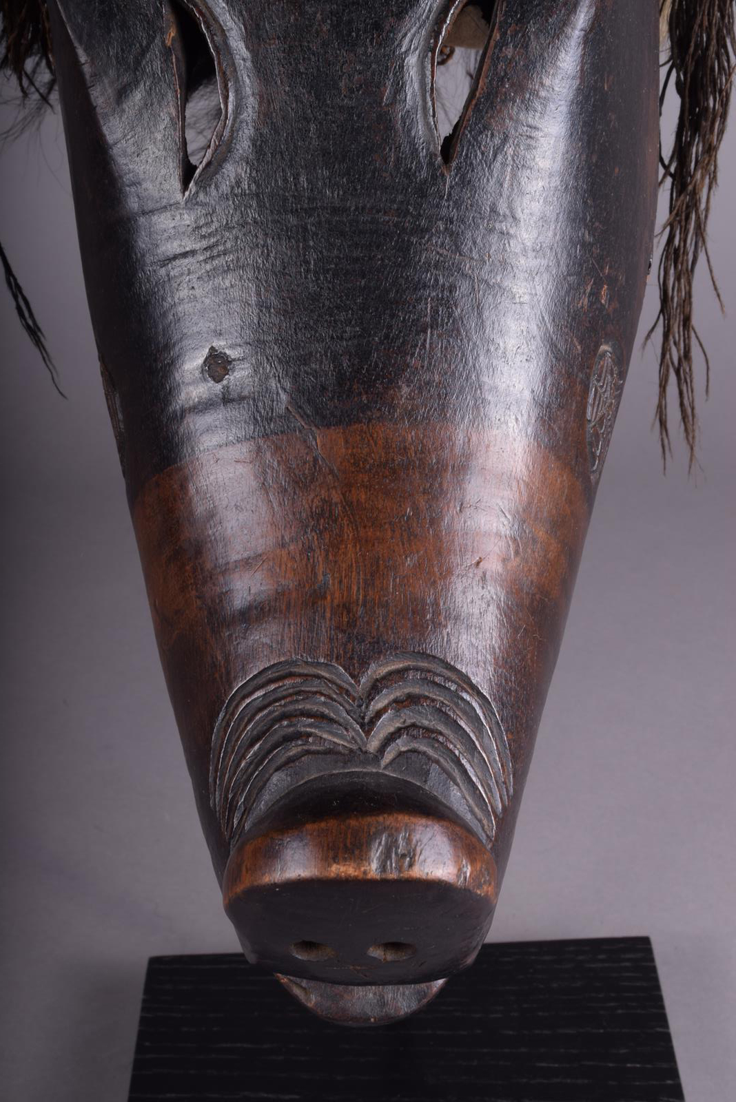 A Chokwe boar mask D.R.Congo with an open mouth and rounded snout with ...