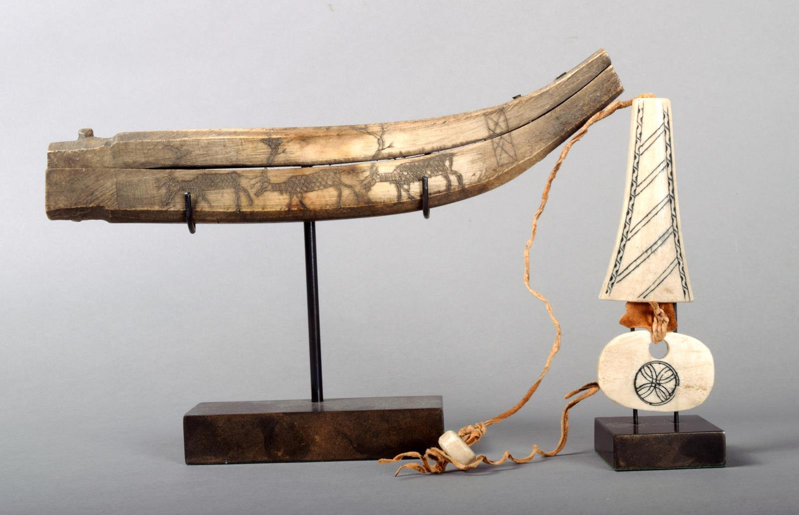 A Sami needle case Lapland carved antler with leather, decorated a ...