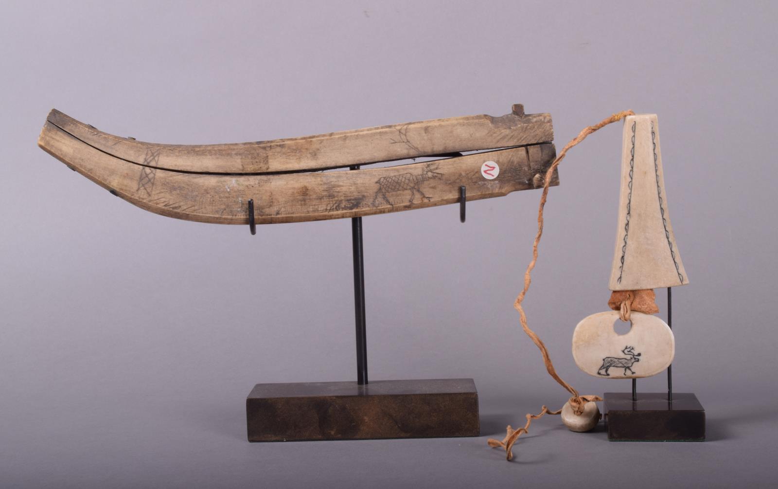 A Sami needle case Lapland carved antler with leather, decorated a ...