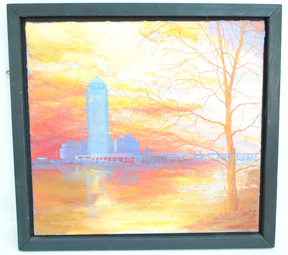 JIM KAVANAGH; oil on canvas, city scape of Canary Wharf with tree in ...
