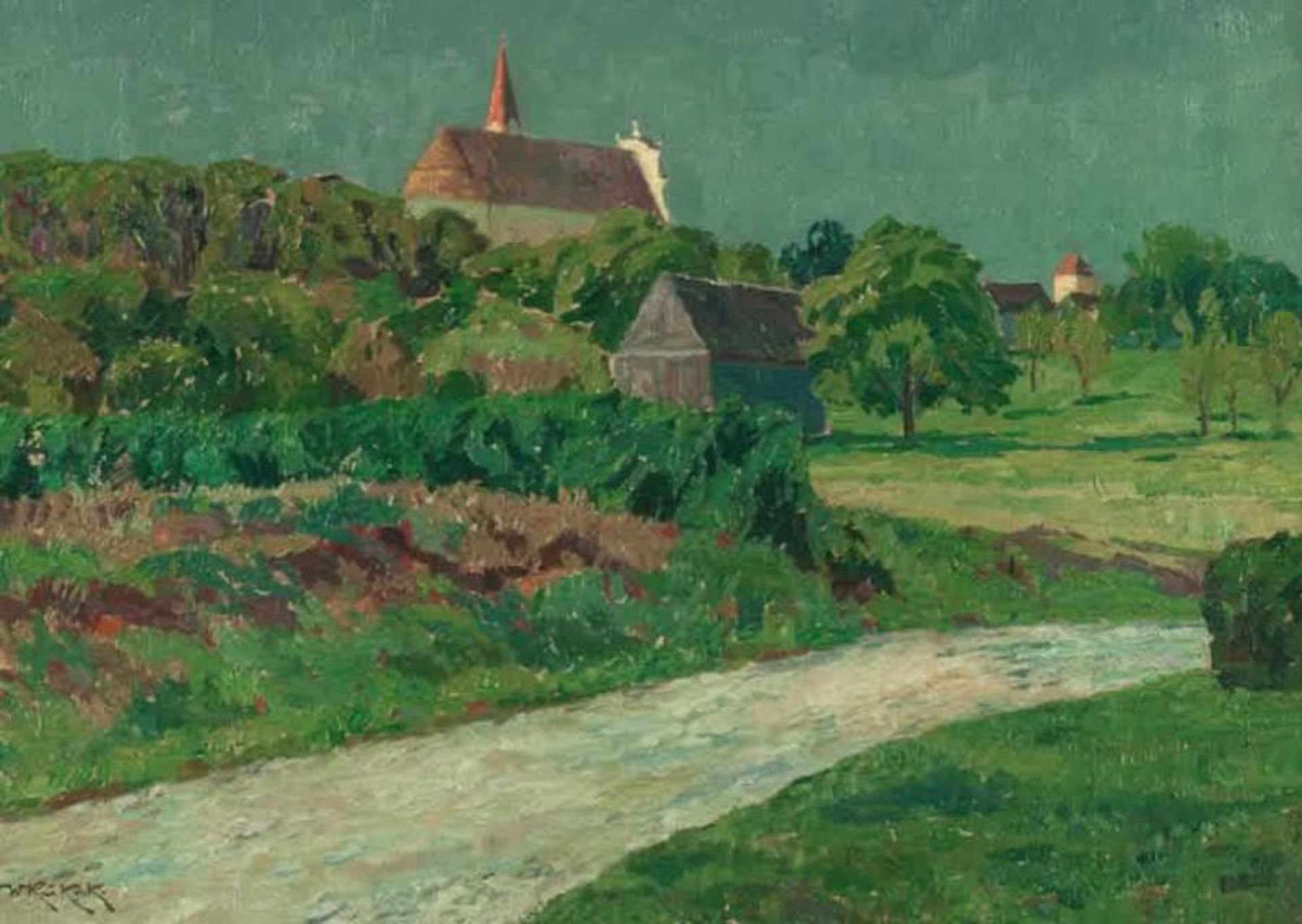 Kukuk, Willy (1875 Düsseldorf 1944). Dorfansicht mit barocker Kirche im ...