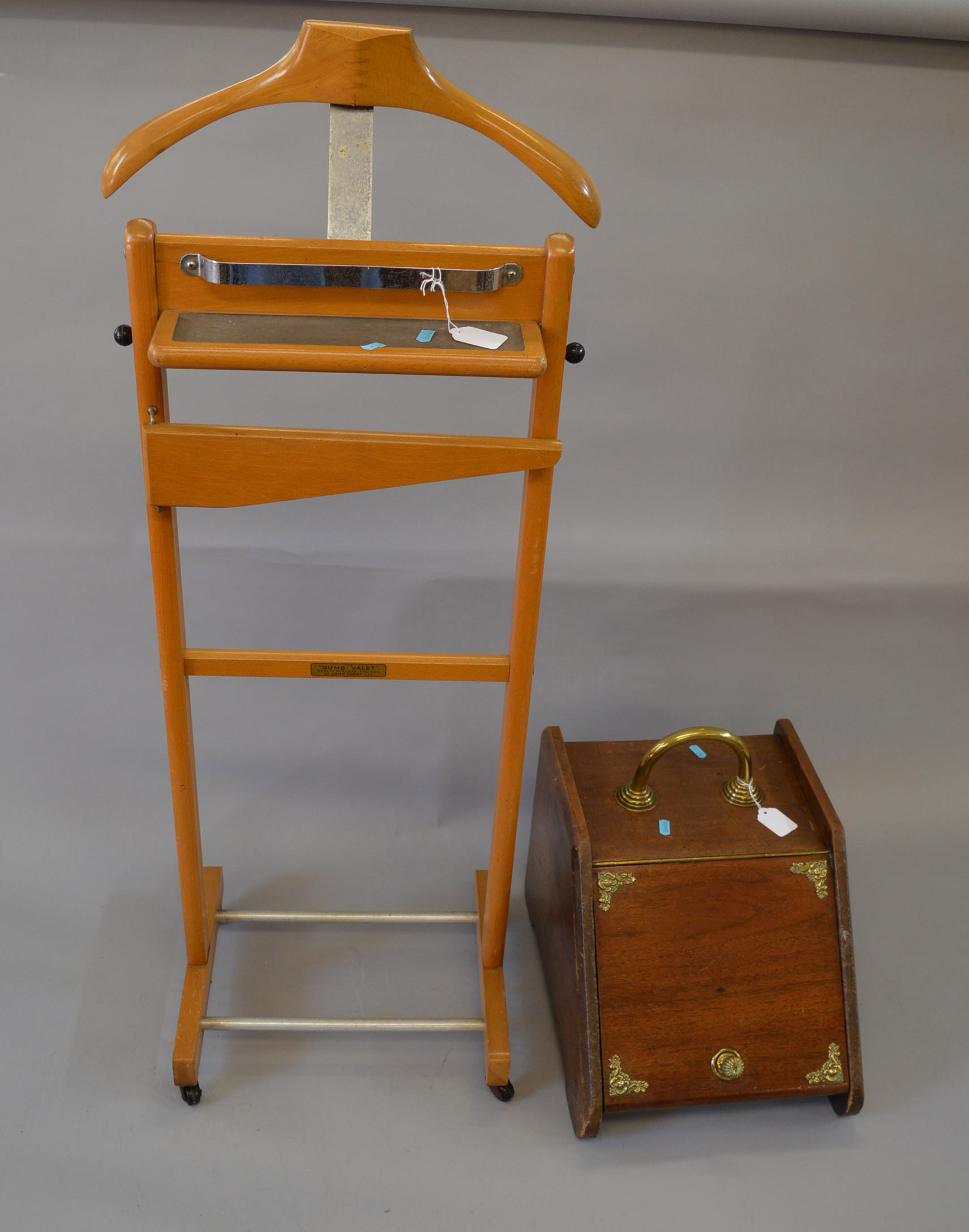 A John Corby "Dumb Valet" together with a wooden cased coal scuttle (2)