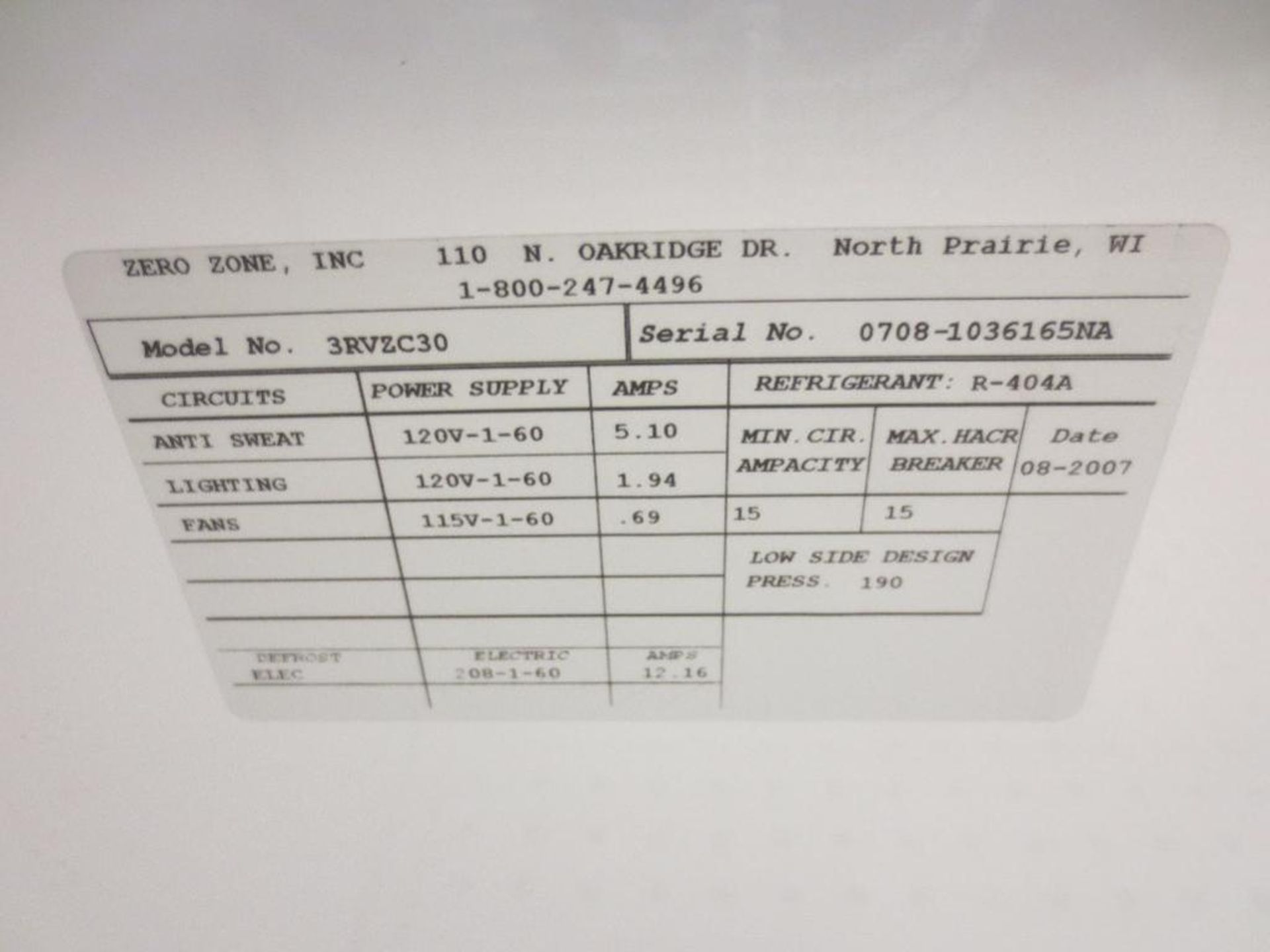 Zero Zone 7 Door Freezer M/N..3RVZC30 & 4RVZC30 S/N..0708-1036165NA ...