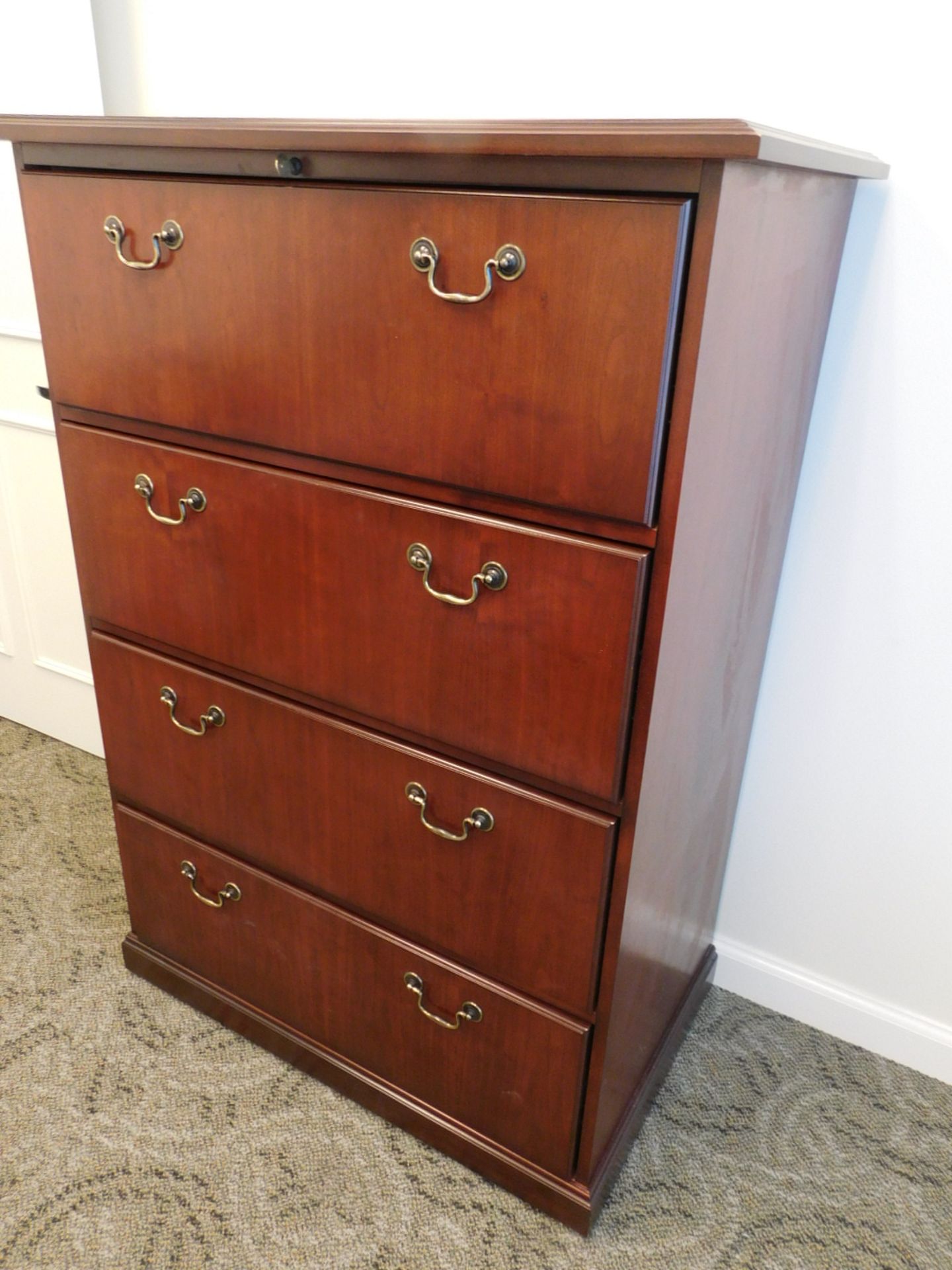 KIMBALL 4 DRAWER MAHOGANY 36" WIDE LATERAL FILE CABINET, LOCKING WITH KEYS