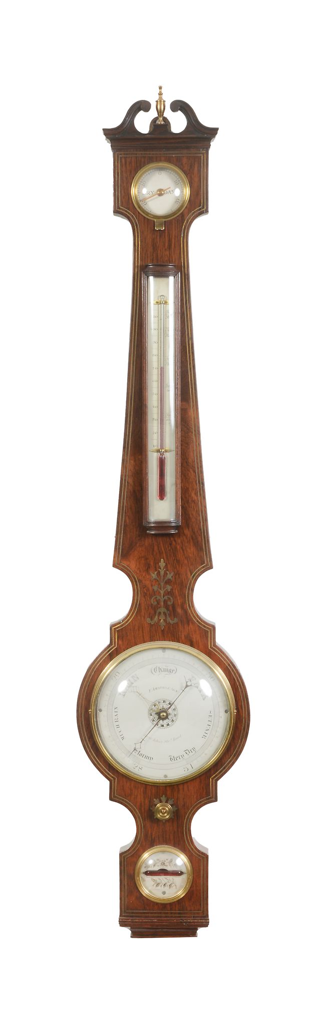 Ω A Victorian brass inlaid rosewood mercury wheel barometer with six ...