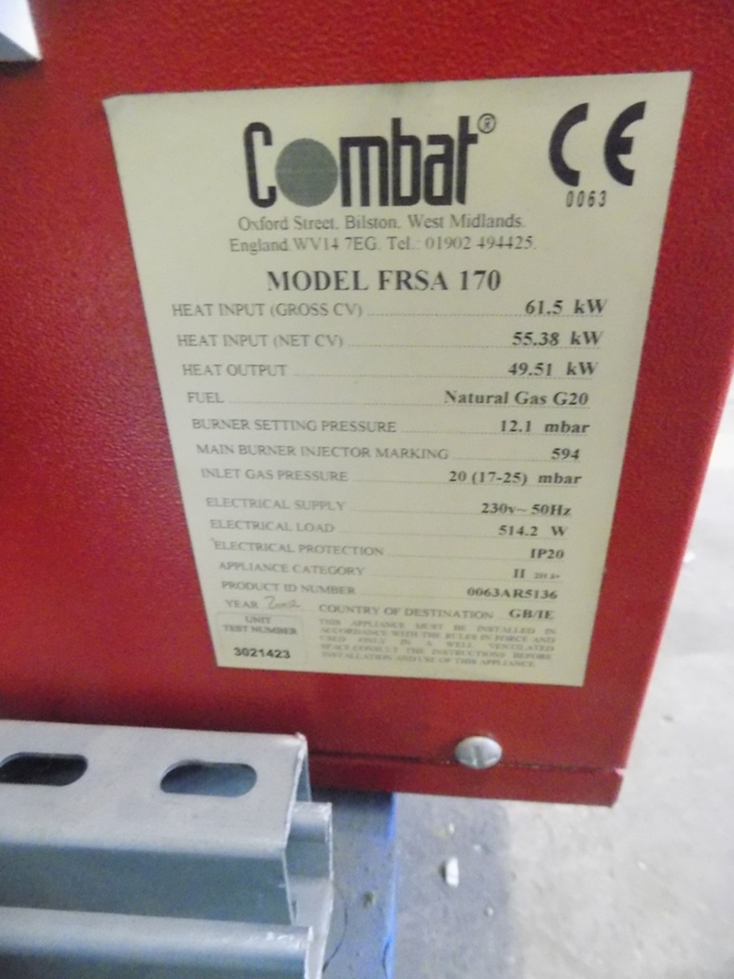 COMBAT FRSA 170 natural gas space heater, 49.51KW heat output