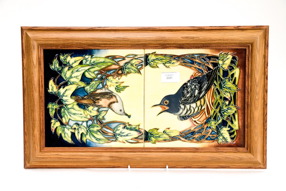 Moorcroft Cuckoo in nest double tile plaque, framed
