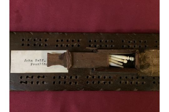 A 19th Century wooden and inlaid ivory Masonic cribbage board decorated ...