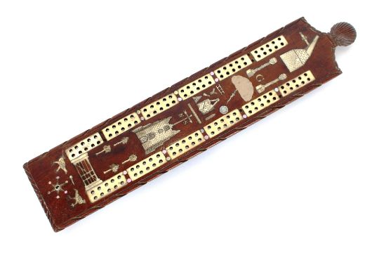 A 19th Century wooden and inlaid ivory Masonic cribbage board decorated ...