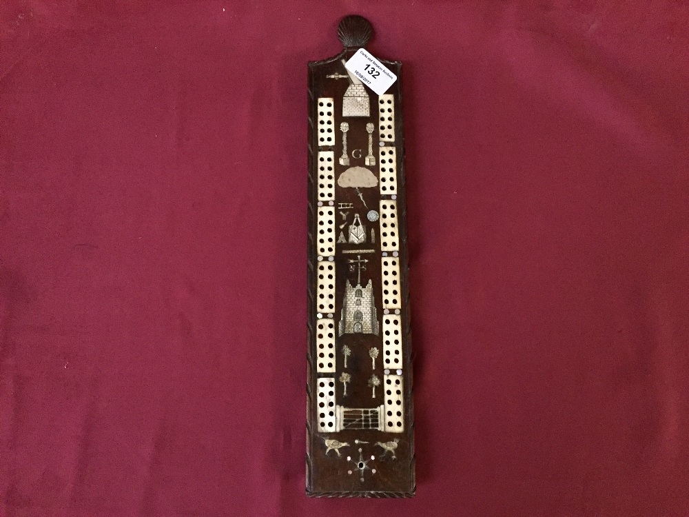 A 19th Century wooden and inlaid ivory Masonic cribbage board decorated ...