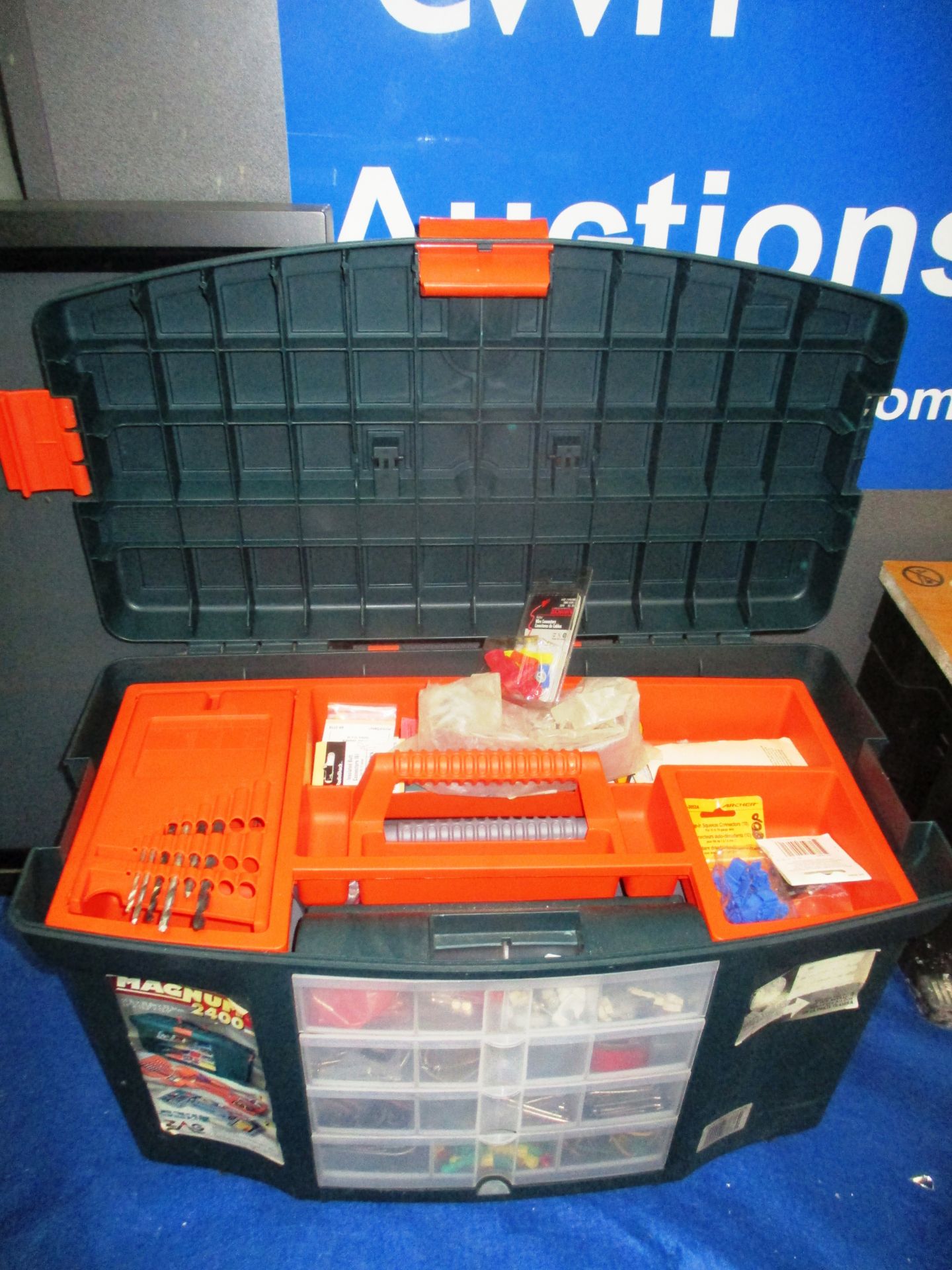 Magnum 2400 tool box with contents, drill bits, rawl plugs, nails, wire ...