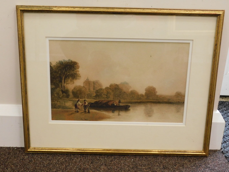 After Peter De Wint. River scene with barge and figures, watercolour ...
