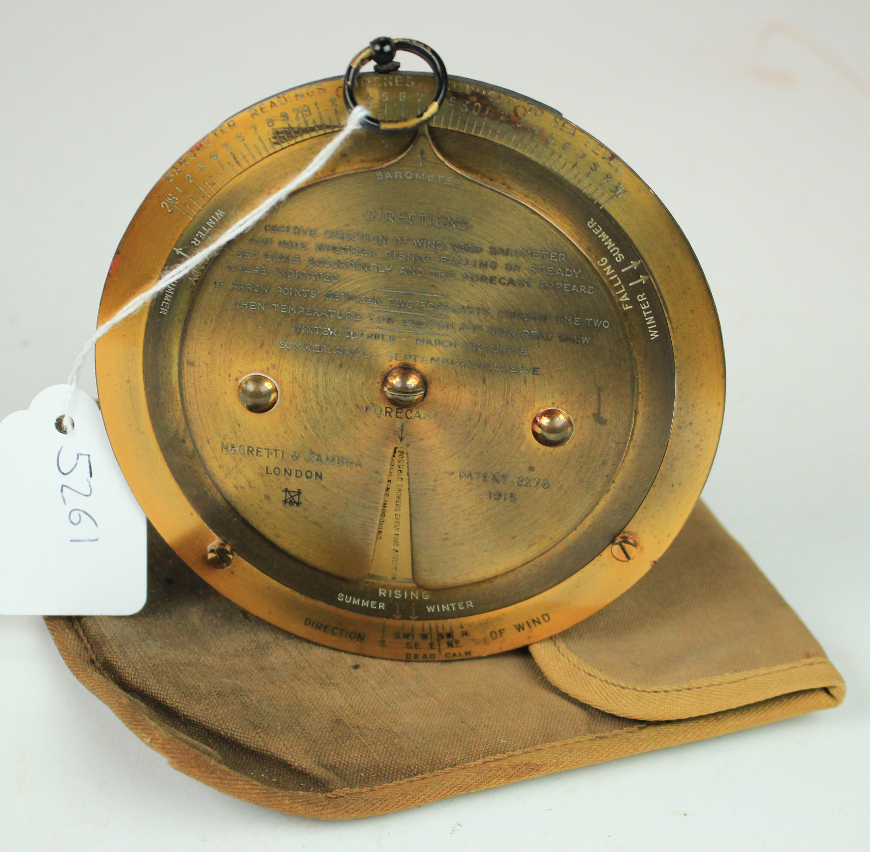 Negretti & Zambra brass weather forecaster / barometer, patent 6276 ...