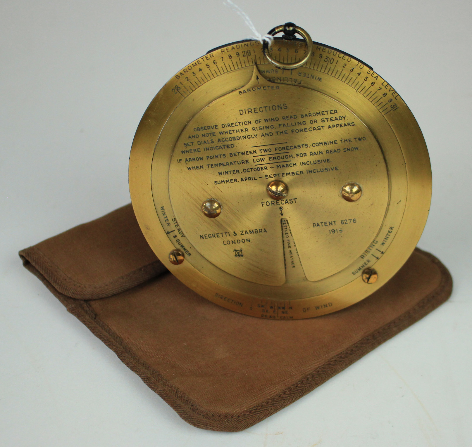 Negretti & Zambra brass weather forecaster / barometer, patent 6276 ...