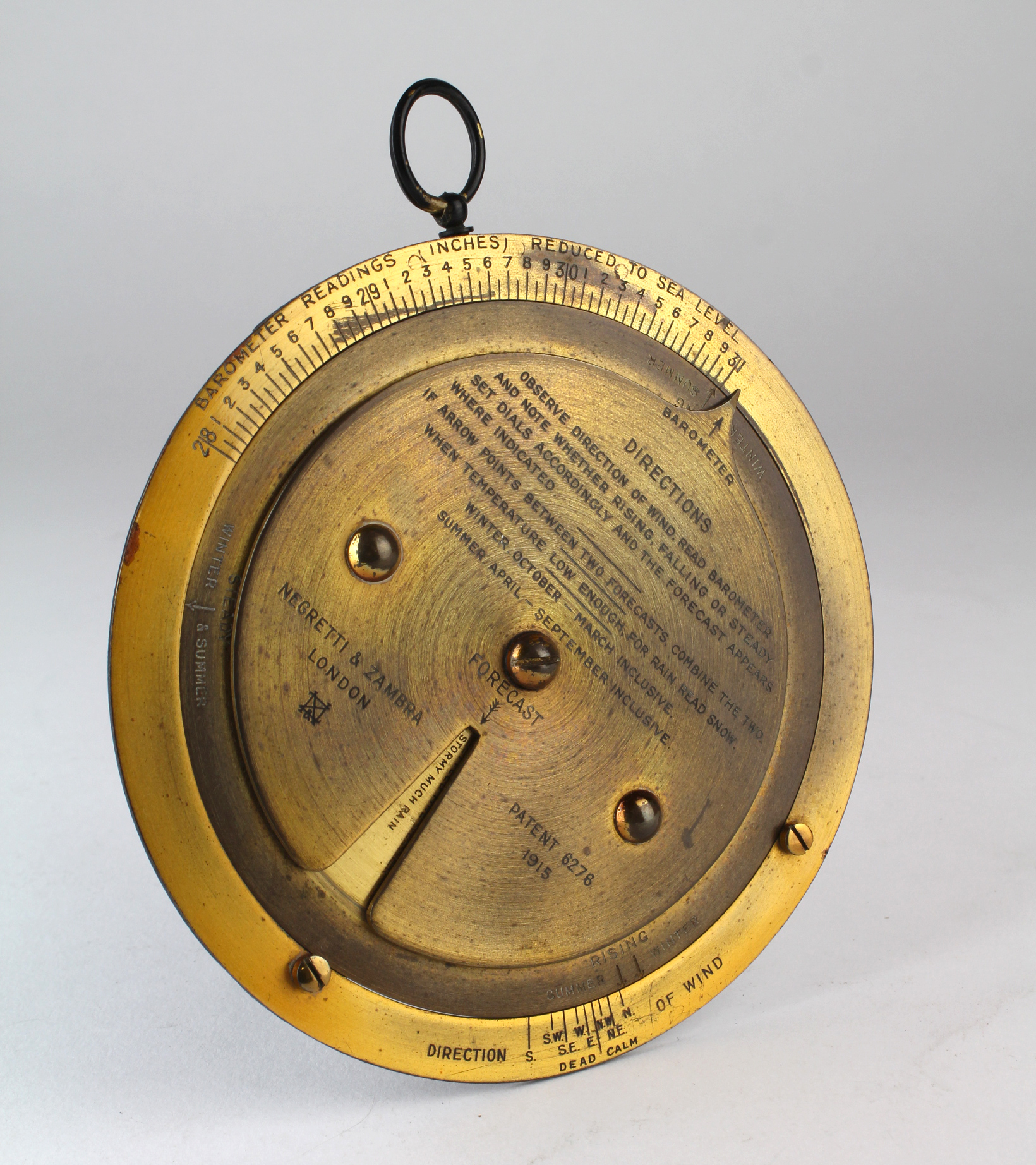 Negretti & Zambra brass weather forecaster / barometer, patent 6276 ...