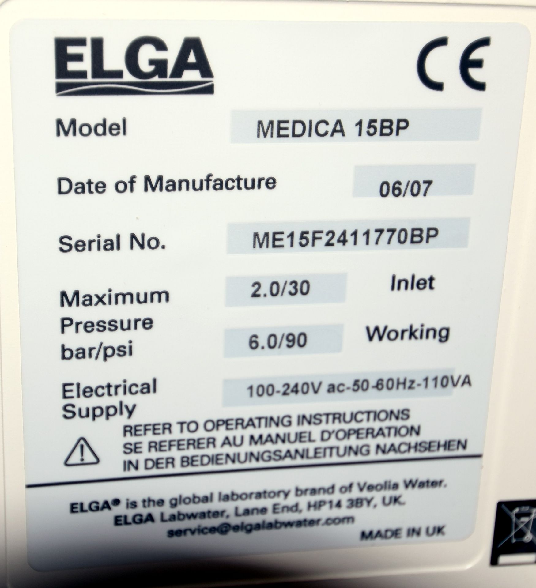 Elga Water Purification System, Model Medica 15 BP, Serial ...