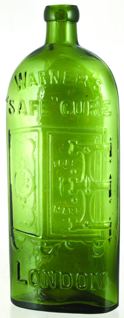 WARNERS SAFE CURE BOTTLE. 9.25ins tall, light olive green glass ...