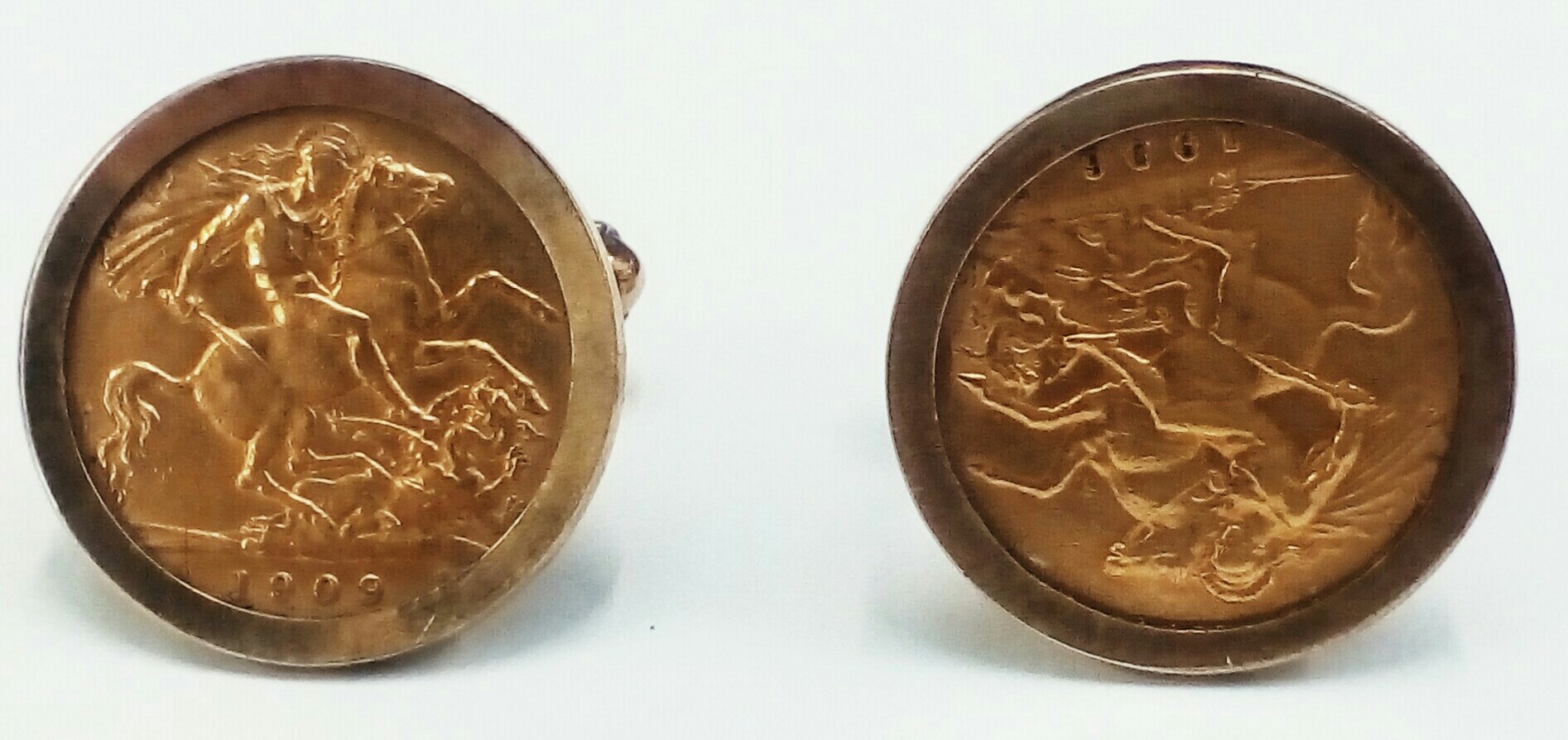 Pair of Edwardian half gold sovereign cufflinks set in 9 carat gold ...