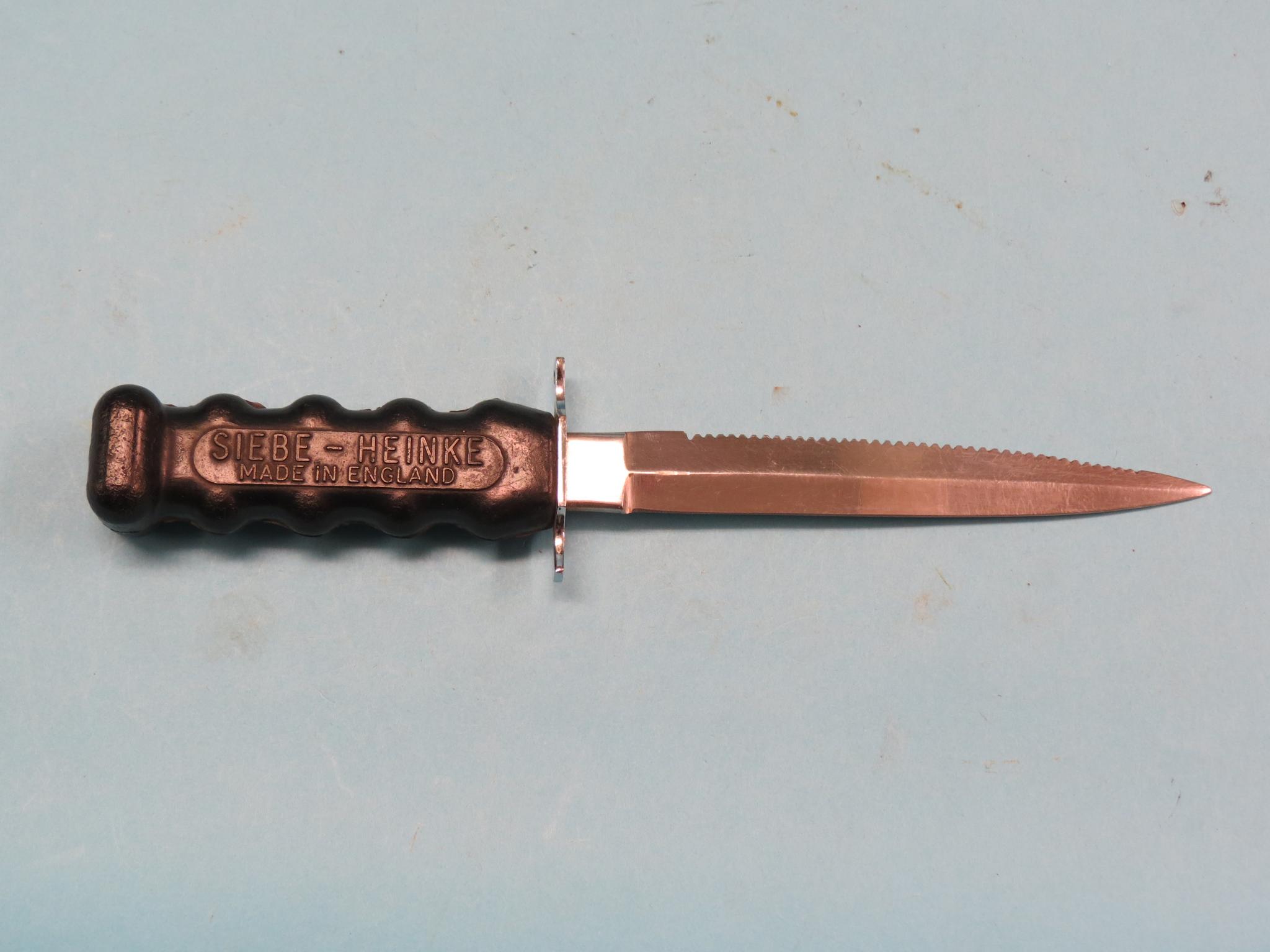 A Siebe Gorman Underwater Swimming Knife, within leather sheath, five ...