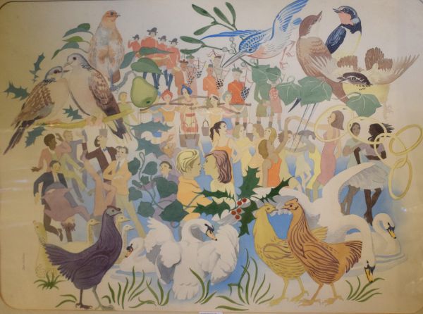 Jan Hiller - Watercolour - The Twelve Days of Christmas, framed and one ...