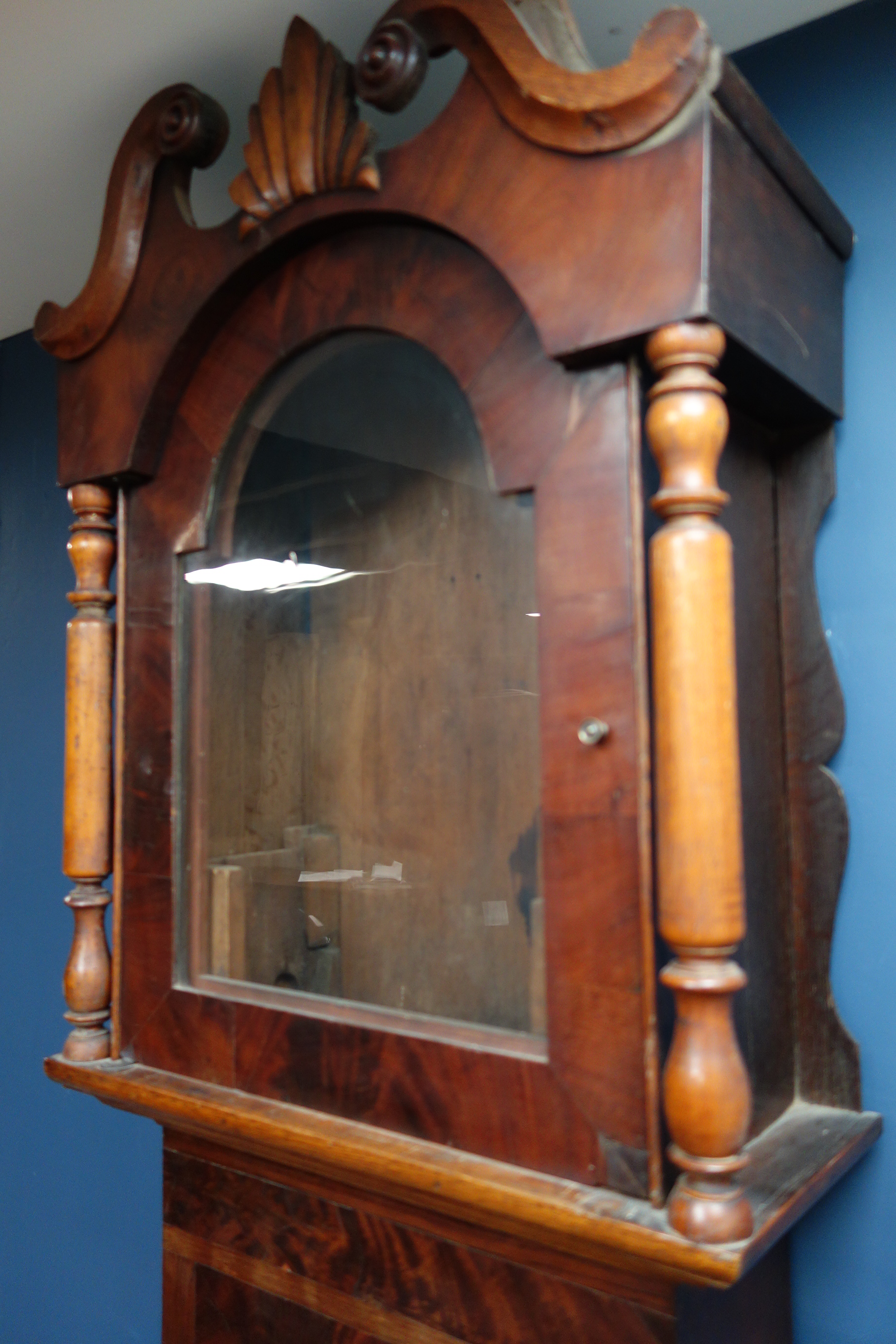 Victorian mahogany and oak Grandfather clock case, swan neck pediment ...