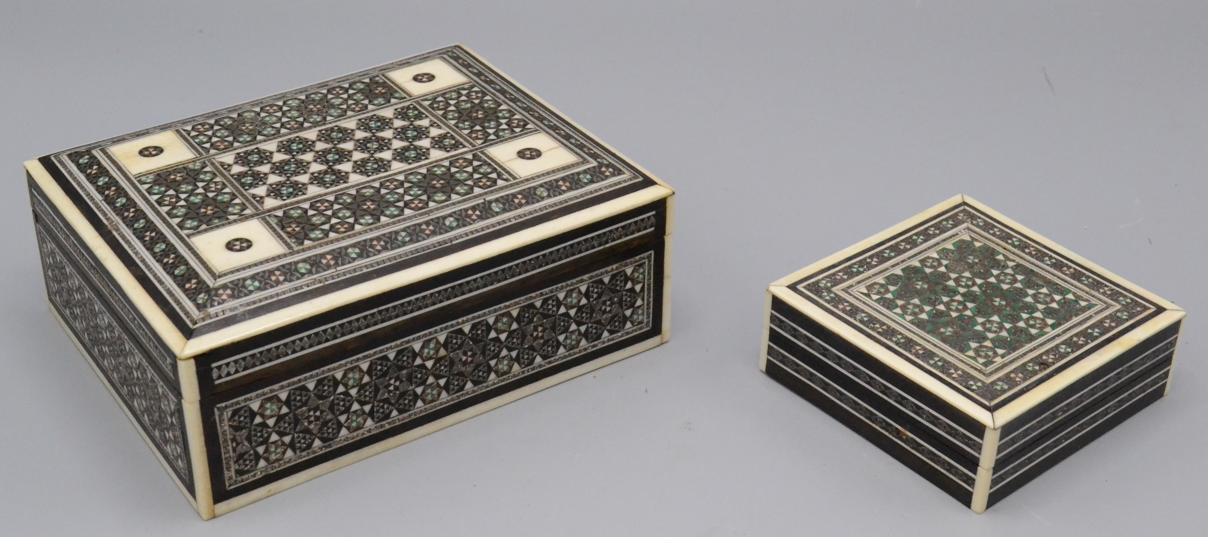 Two Indian Sadeli wood boxes, with mosaic style inlay, length 12.5cm ...