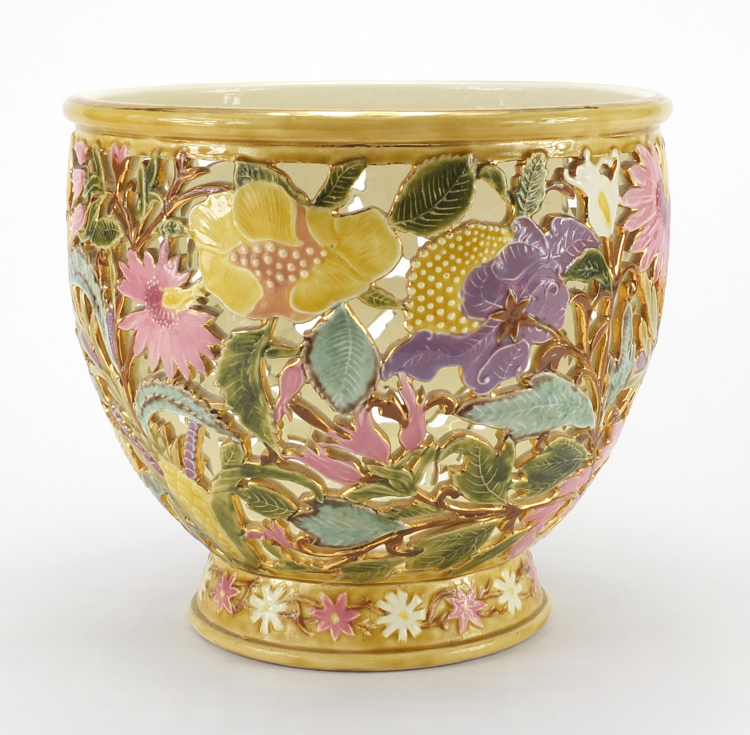 Zsolnay Pecs pottery jardiniere, pierced and hand painted with flowers ...
